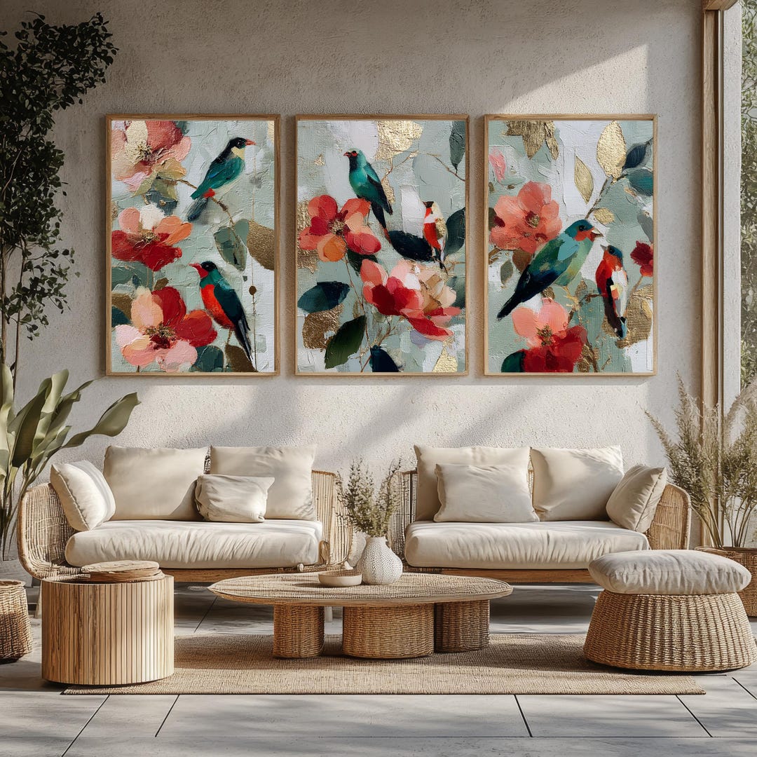 Floral Bird Triptych Wall Art 3-piece Set. Vintage Inspired Botanical ...