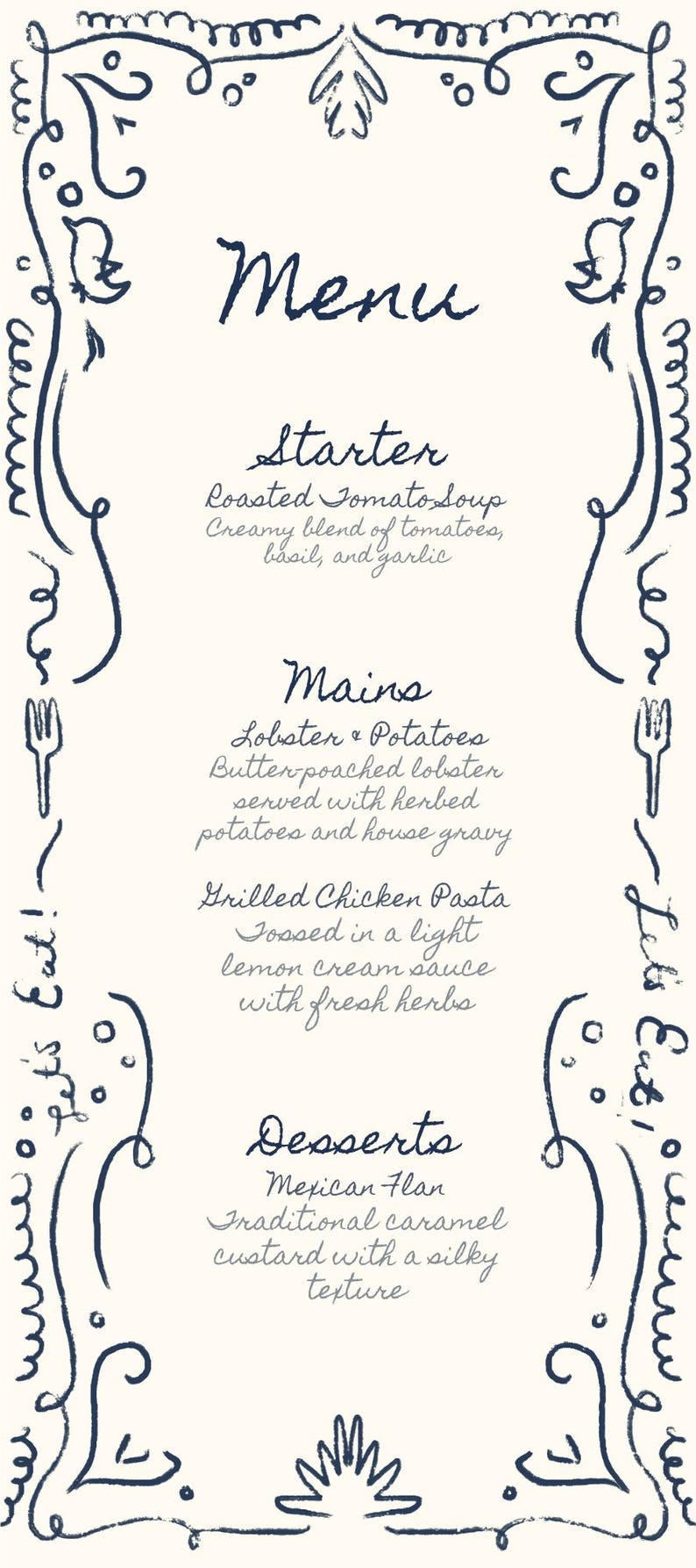 Blue Sketch Menu Template – 4x9 Hand-drawn Printable Canva Design - Etsy