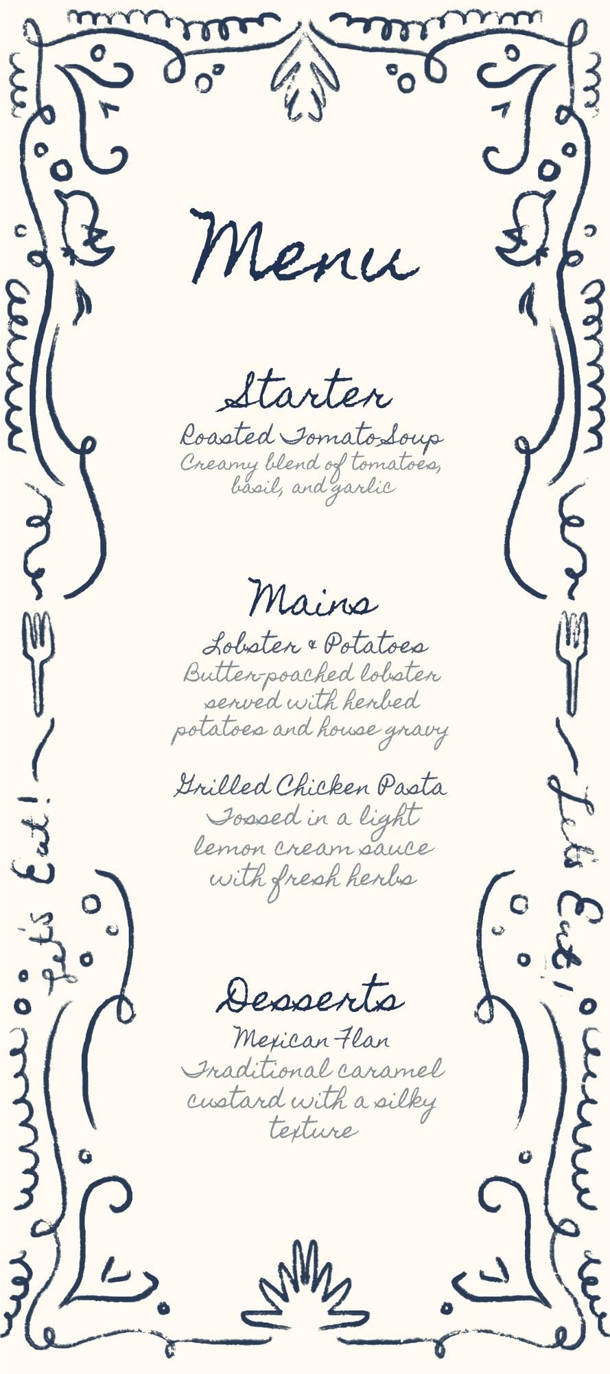 Blue Sketch Menu Template – 4x9 Hand-drawn Printable Canva Design - Etsy