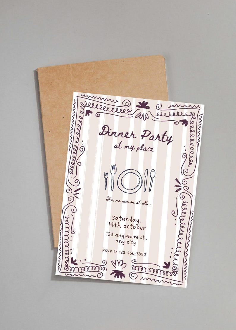 Dinner Party Invitation | Editable Canva Template | Hand-drawn Party ...
