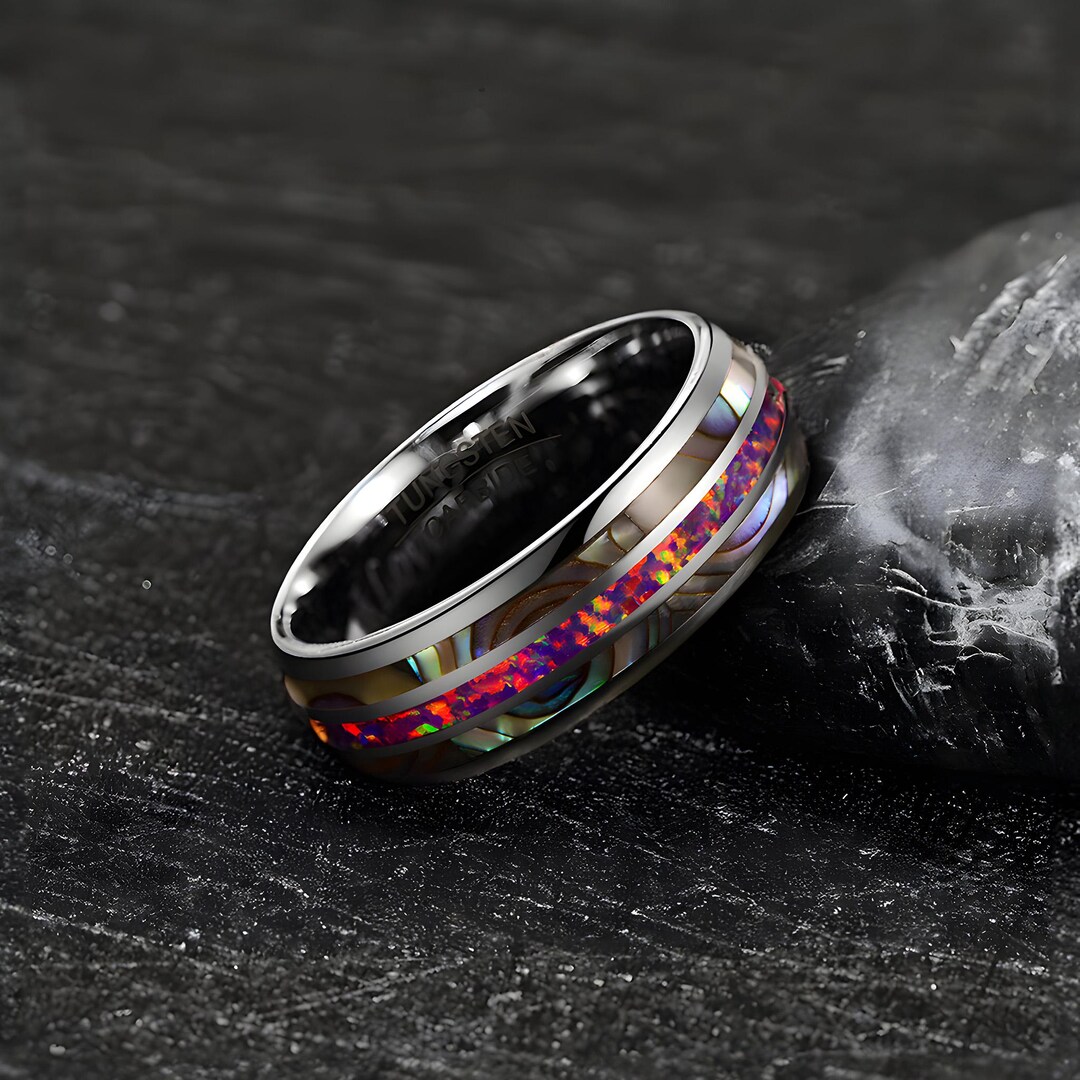 Firestone | Silver Tungsten Ring With Crushed Opal & Abalone Shell ...
