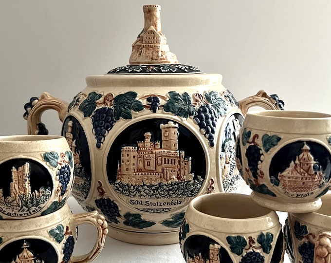 Mid-century German Castles Covered Punch Bowl & 5 Cups / Scenic ...