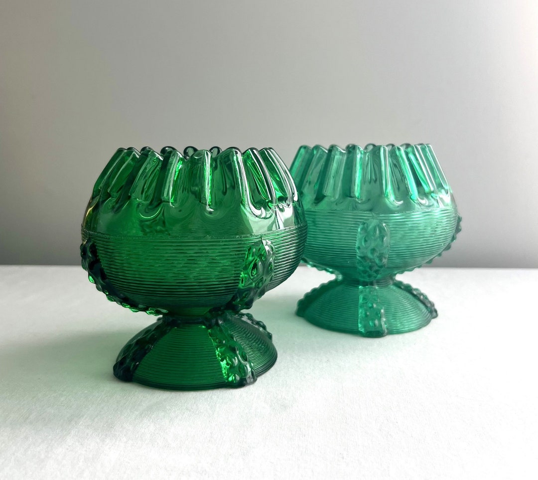 2 Mid-century Green Glass Crimped Art Deco Blossom Vase Footed Jardine ...