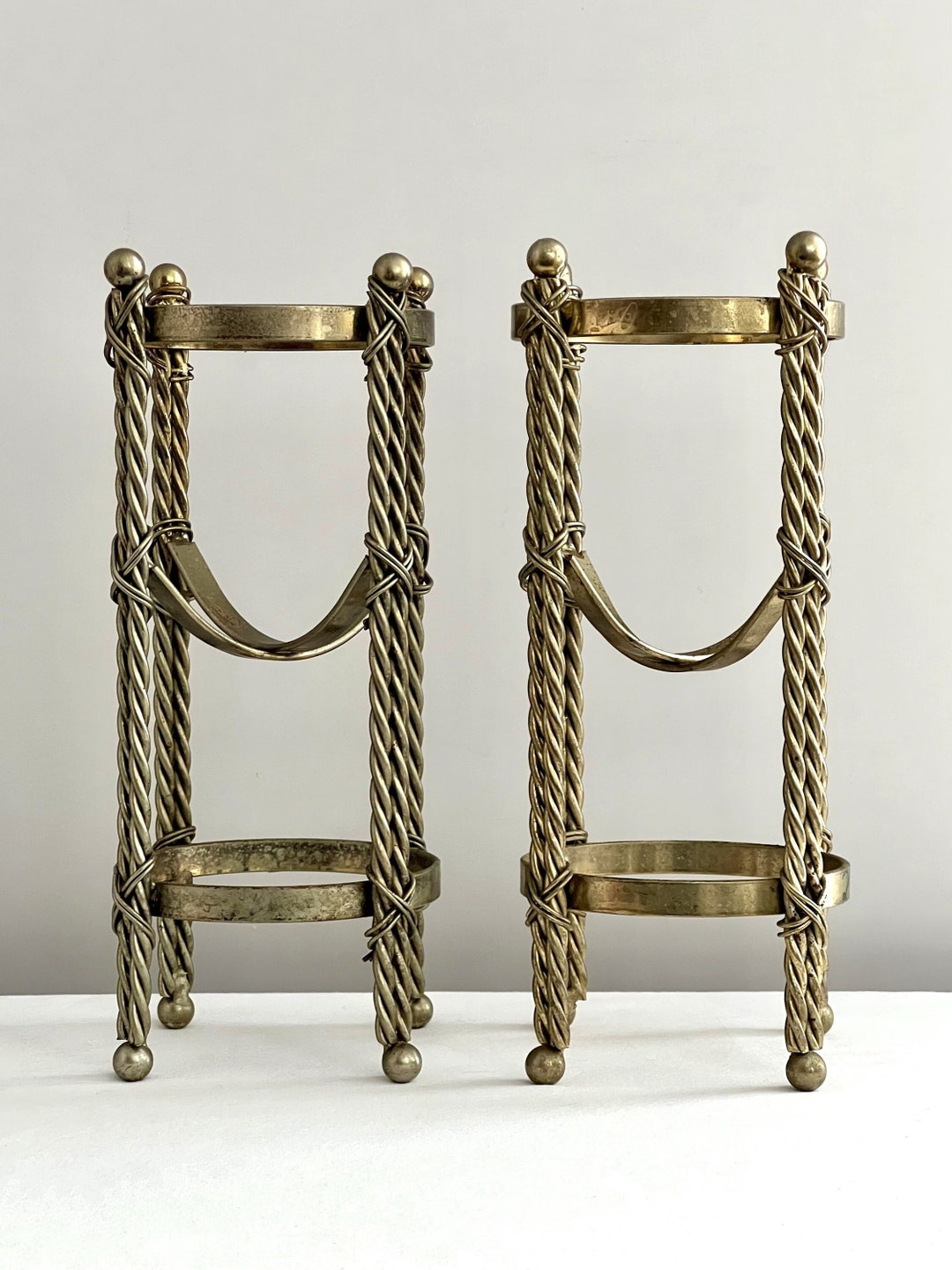 2 Mid-century 10" Tall Brass Accent Stands Features Rope Pillars Ball ...