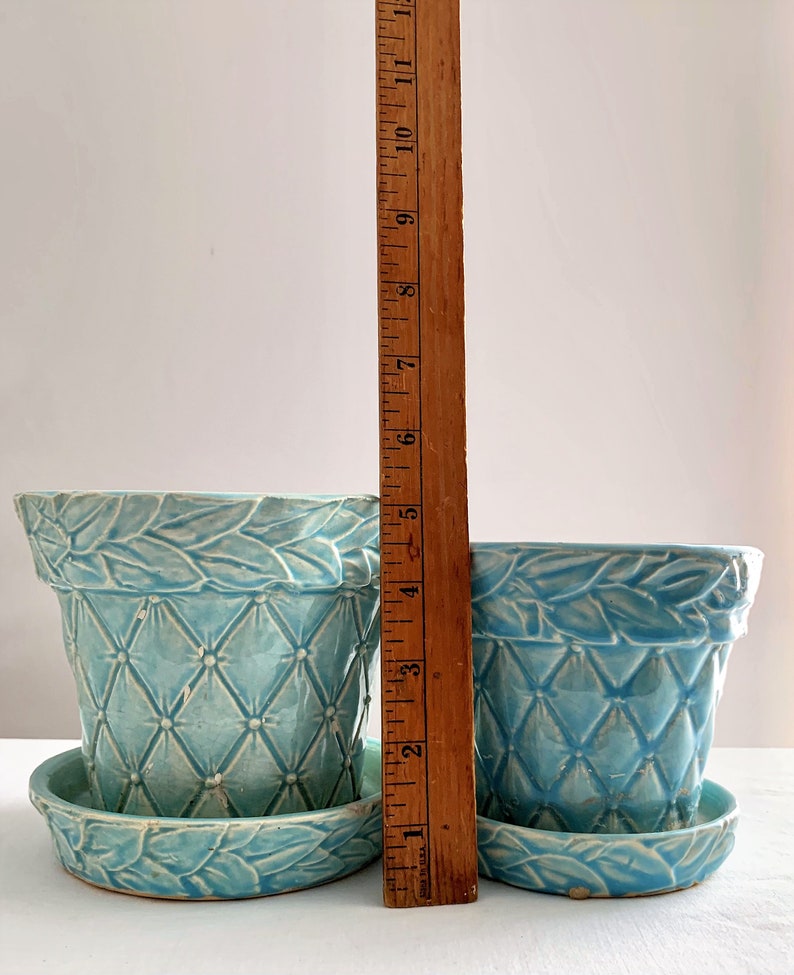 2 Vintage Mccoy Turquoise Planters / Brushed Glaze Diamond Quilt ...