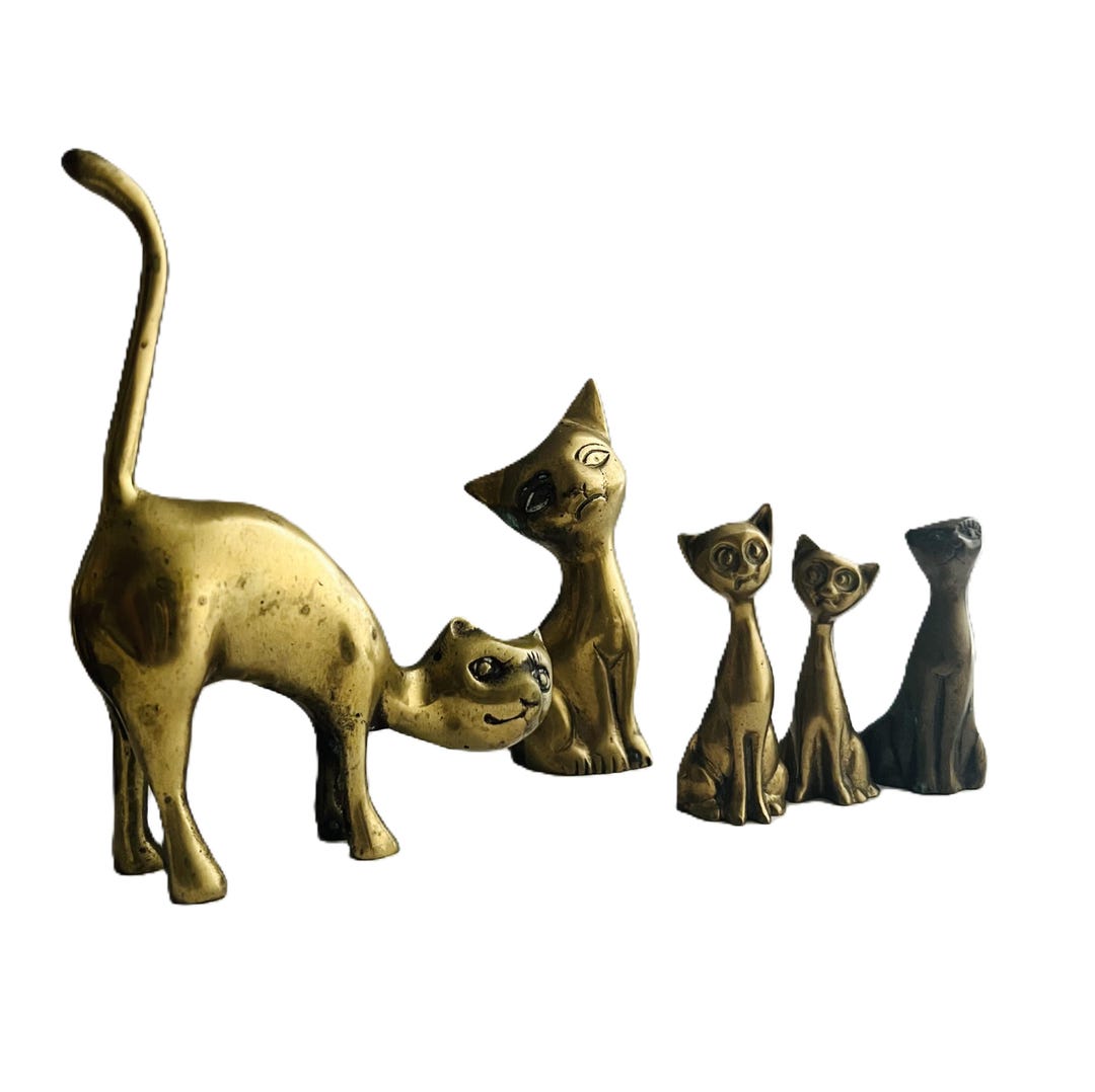 5 Mid-century Brass Cat Figurines / Assorted Expressive Brass Cats / Cat Lover Shelfie ...