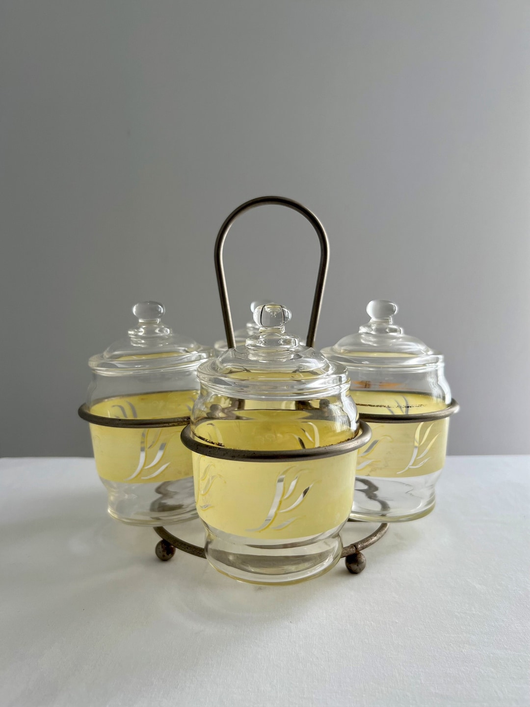 Mid-century 4 Covered Condiment Glass Jars in Metal Caddy - Etsy
