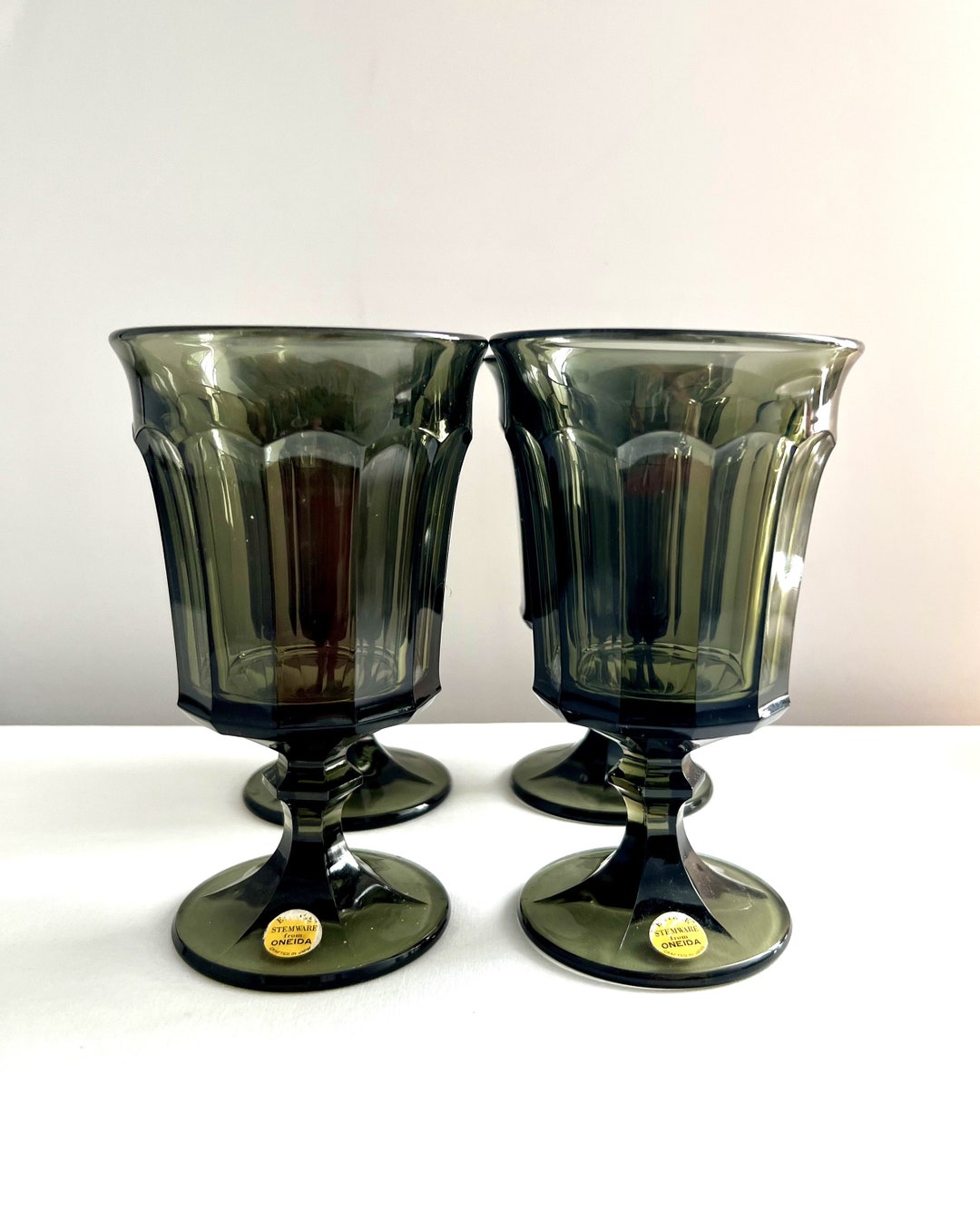 4 Vintage Green Glasses Heavy Goblet Stemware by ONEIDA Wine, Water ...