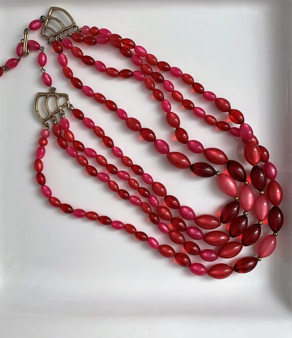 Vintage Pink 4 Strand Bead Necklace Rose Pink Cascadi… - Gem