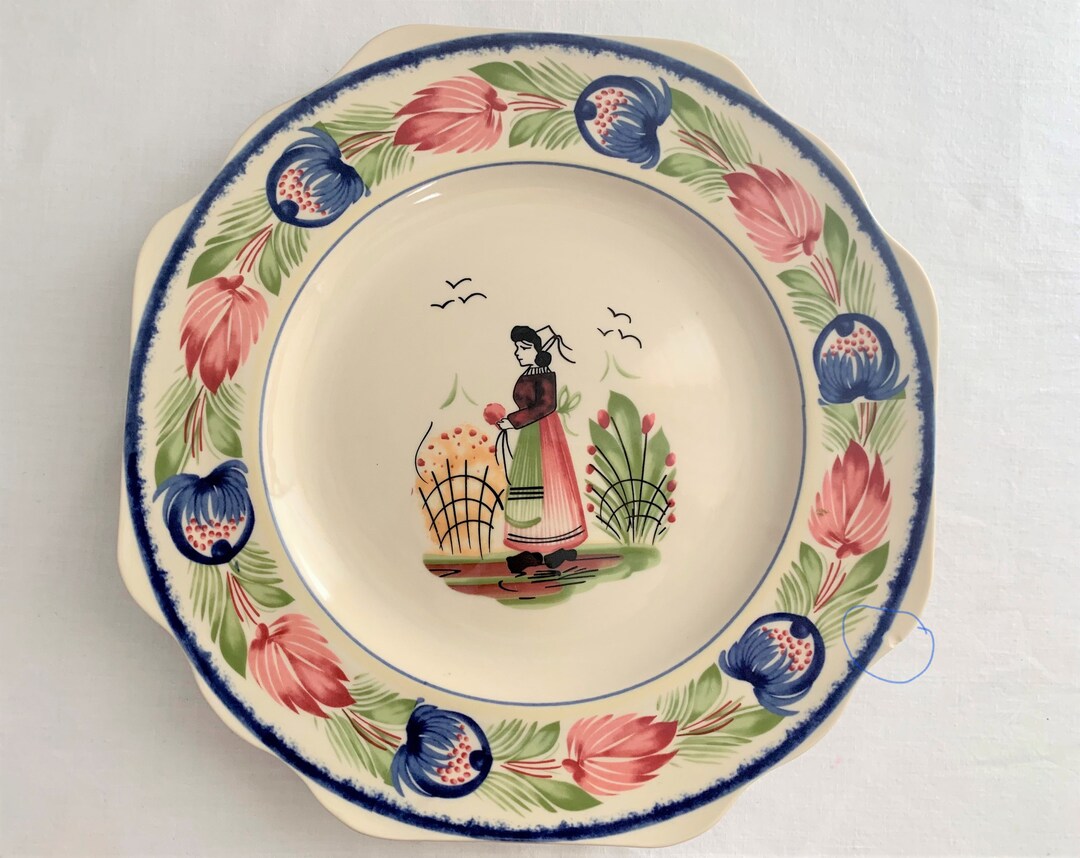 Antique 10" Faience Plate Collectible Gift Farm Flower Girl Scallop ...
