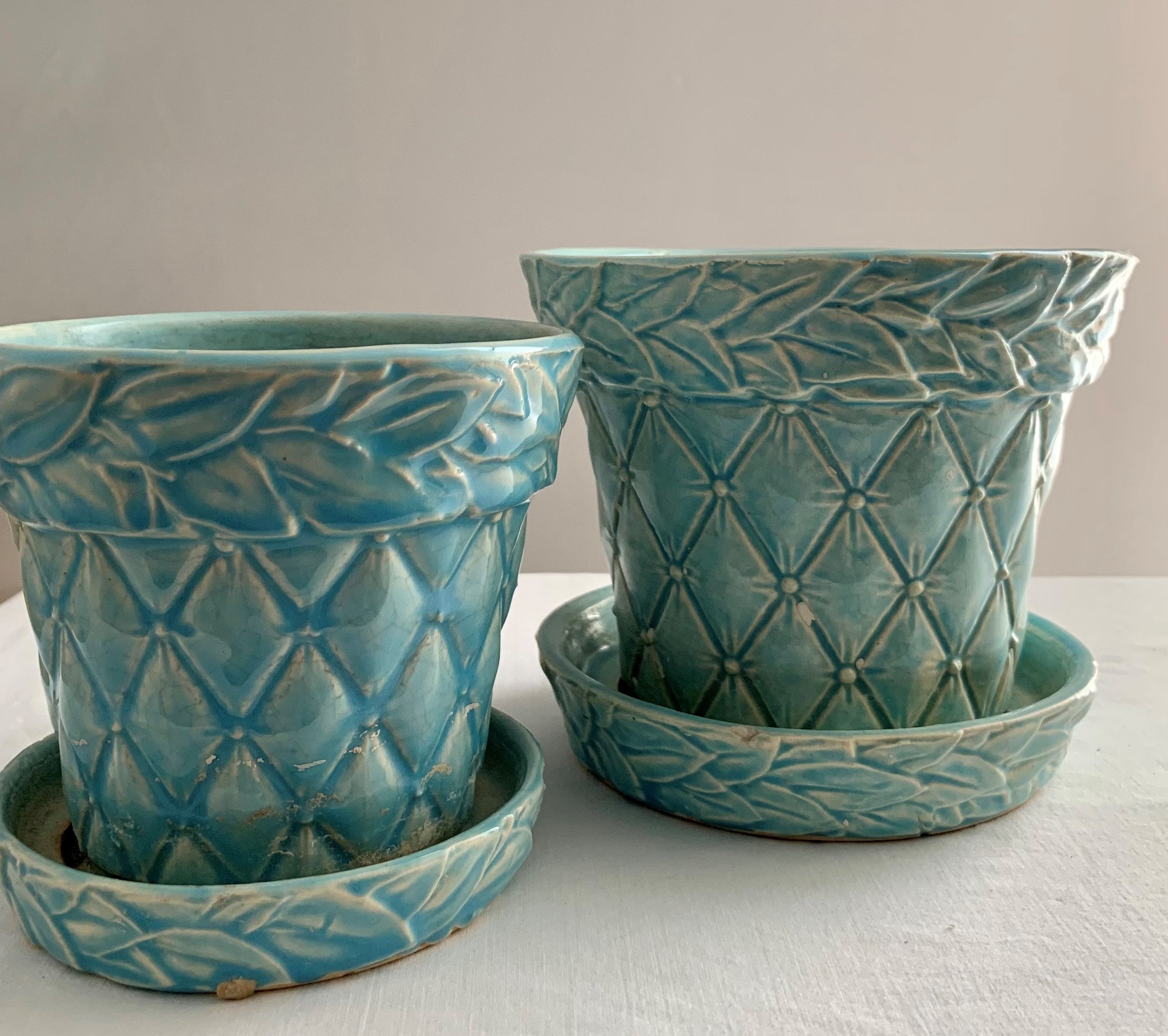 2 Vintage Mccoy Turquoise Planters / Brushed Glaze Diamond Quilt ...