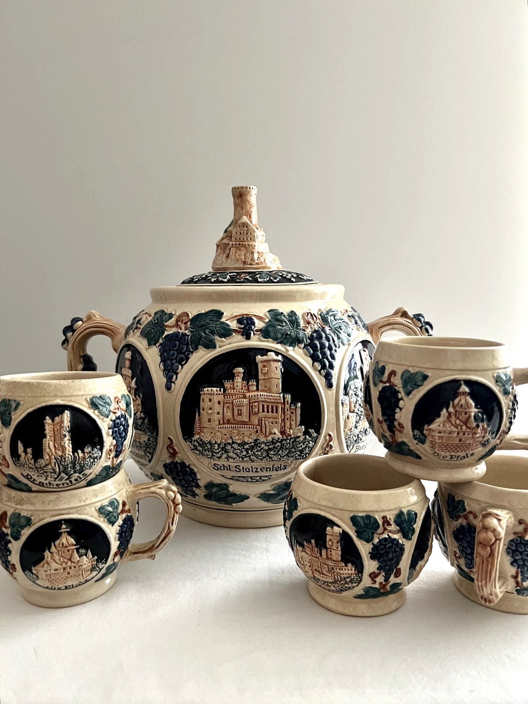 Mid-century German Castles Covered Punch Bowl & 5 Cups / Scenic ...