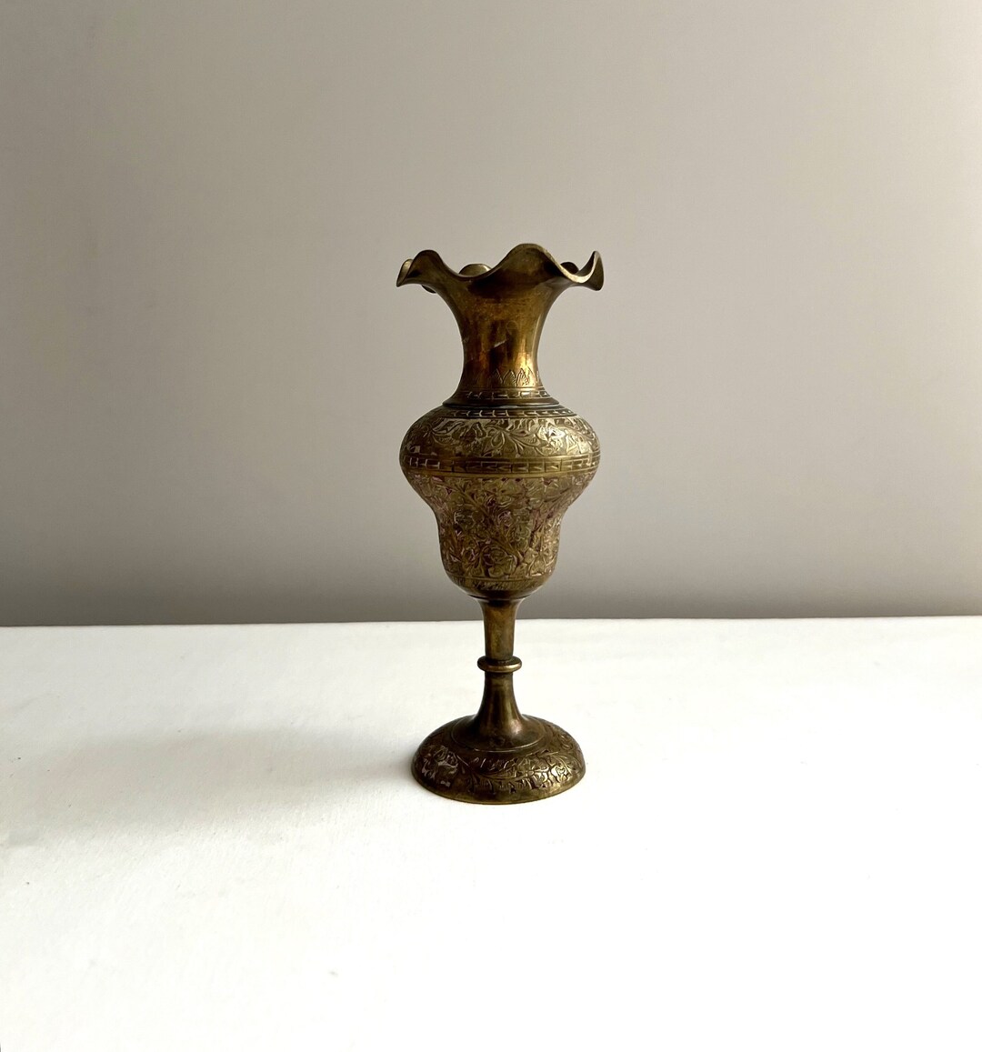 Mid-century Brass Fluted Top Vase / Intricate Line & Vine Detail / Made ...