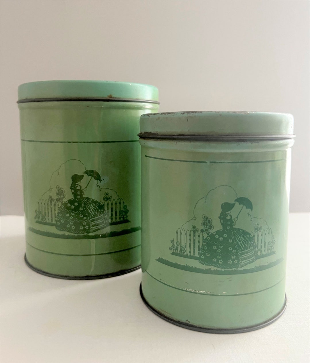 2 Vintage Green Metal Nesting Tin Canisters Victorian Lady Transfer - Etsy