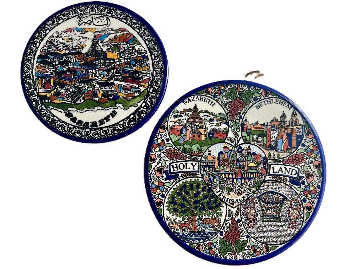 2 Vintage Holy Land Plates; Scenic Wall Art; Jerusalem Nazareth ...