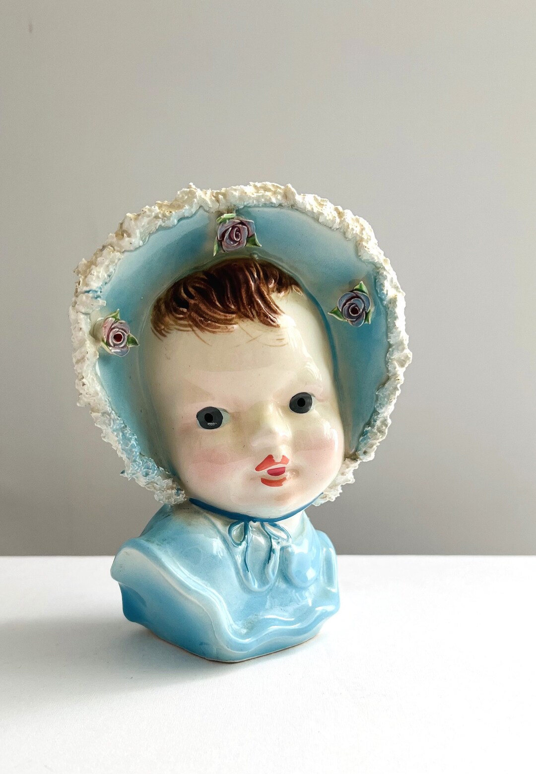 Mid-century Blue BABY Bonnet Head Vase Spaghetti Trimmed Bonnet Planter ...