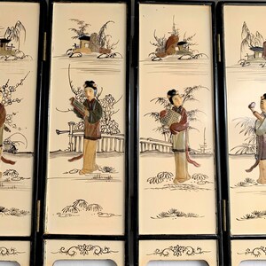 VTG Wood Lacquer Table Screen 4 Panel Wood Screen Raised 3D Figures a ...
