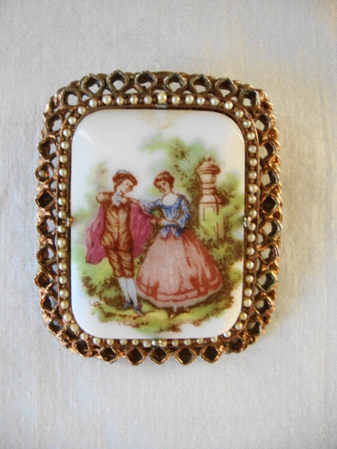 Vintage Victorian Large Square Porcelain Brooch With Pastoral Scene ...