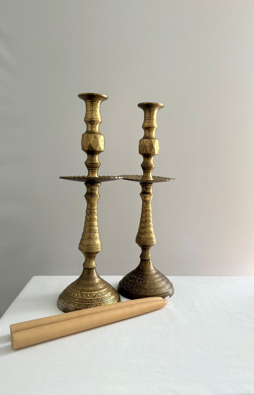 2 Mid-century Engraved Beehive Candle Stick Holders 13 1/2" Tooled ...