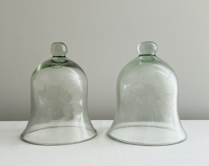 2 Vintage Green Glass Bell Shape Dome Cloche Handblown Green Glass