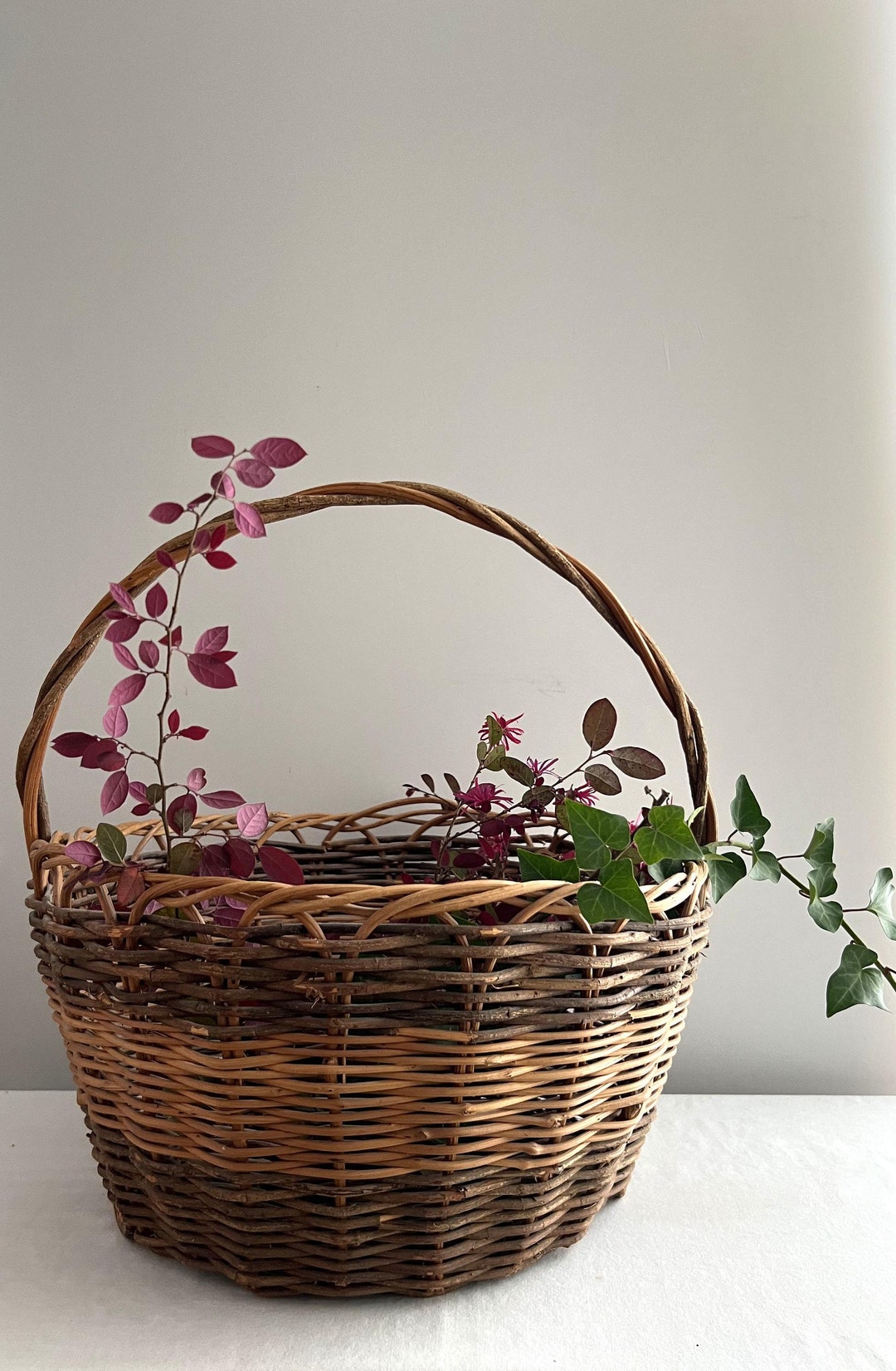 Rustic Vintage Hand Made Twig Gathering Basket / Huge 2 Tone Wicker ...