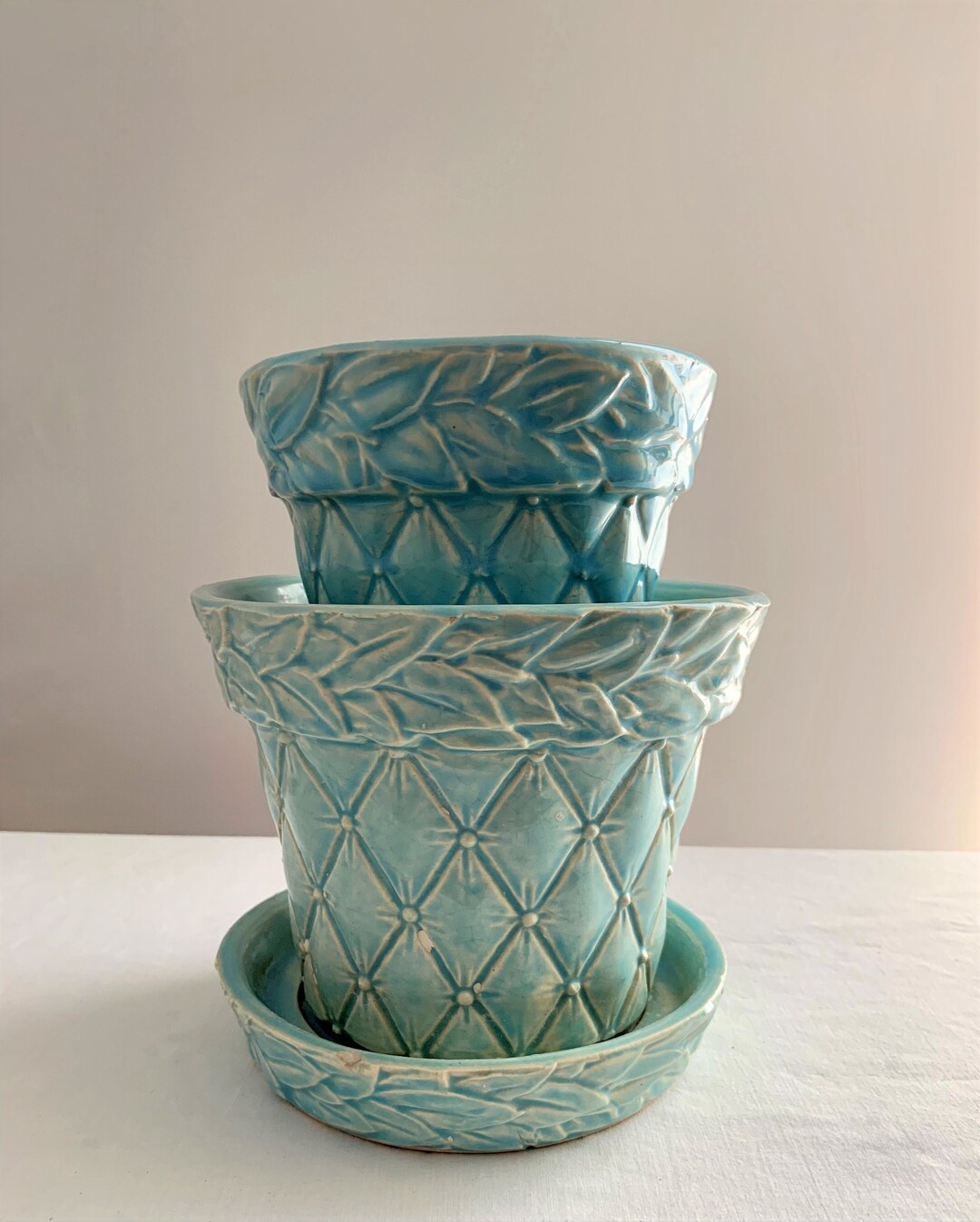2 Vintage Mccoy Turquoise Planters Brushed Glaze Diamond Quilt Pattern ... 2 Vintage Mccoy Turquoise Planters Brushed Glaze Diamond Quilt Pattern ...