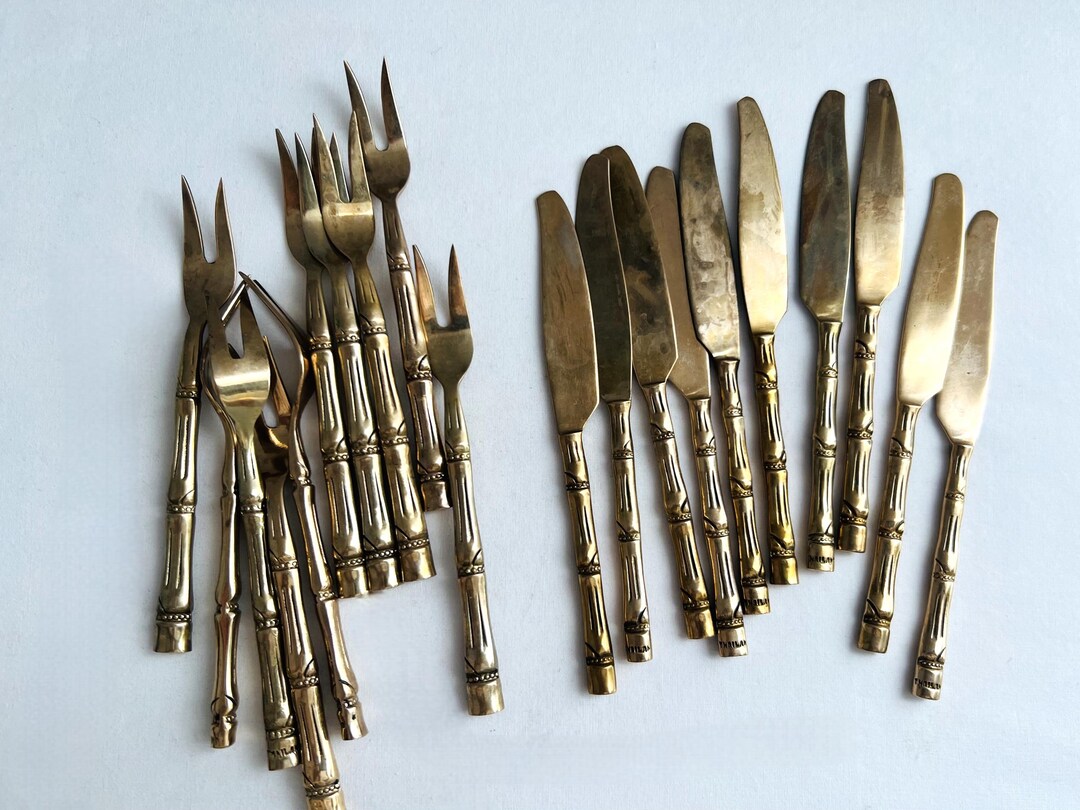 20 Piece Vintage Brass Bamboo Cocktail Knives and Fork Set Made in ...