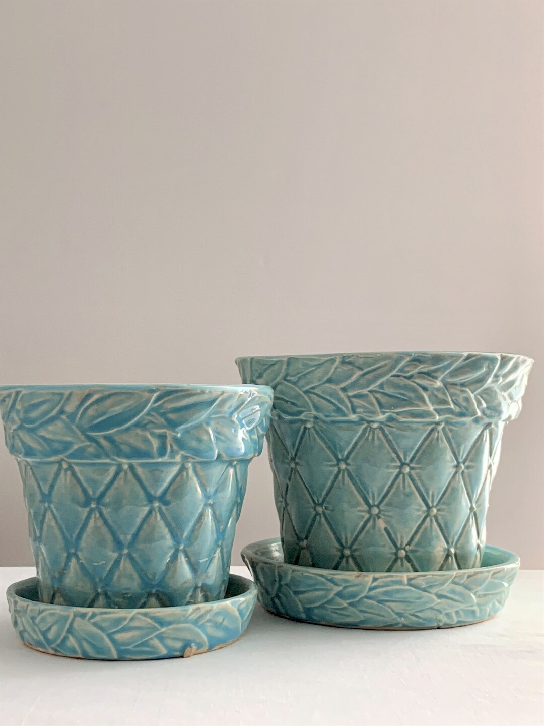 2 Vintage Mccoy Turquoise Planters / Brushed Glaze Diamond Quilt ... 2 Vintage Mccoy Turquoise Planters / Brushed Glaze Diamond Quilt ...