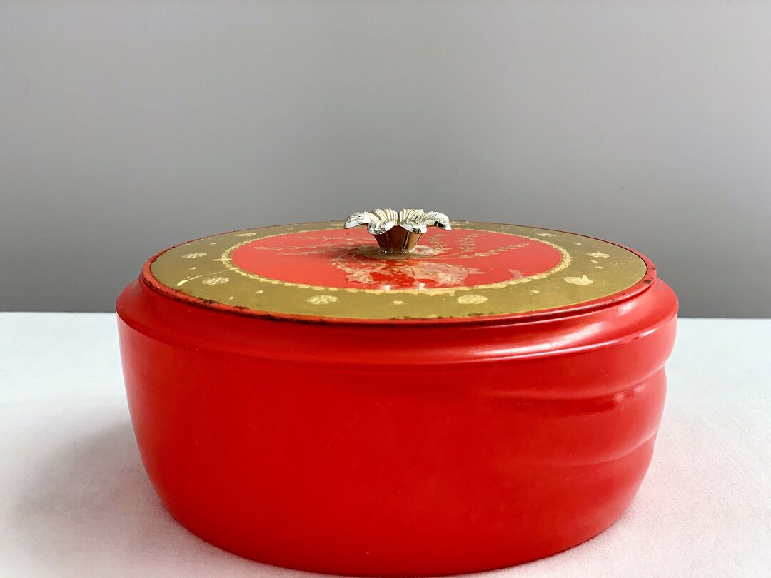 Vintage Vanity Dresser Dish Powder Box Mid-century Red Glass Covered ...