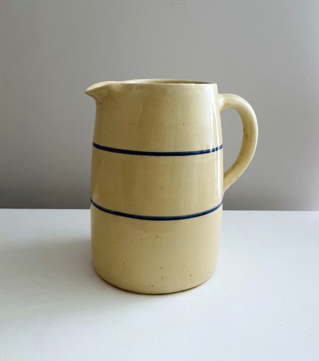 Mid-century Double Blue Stripe Pottery Crockery Pitcher Farmhouse ...