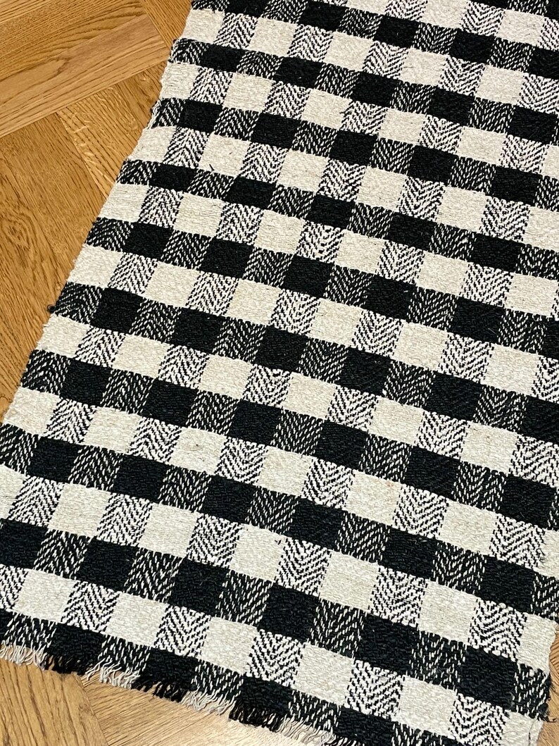 Vintage Ukrainian Handwoven Floor Runner | Black Cream Chequered ...