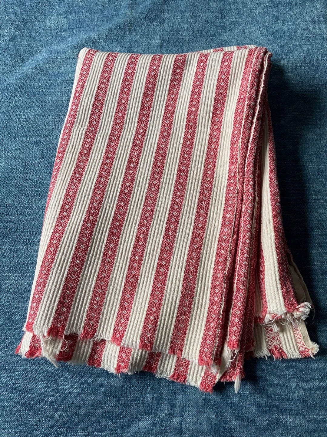 Antique French Red Stripe Fabric. Red Cream Stripe Woven Cotton Jupon ...