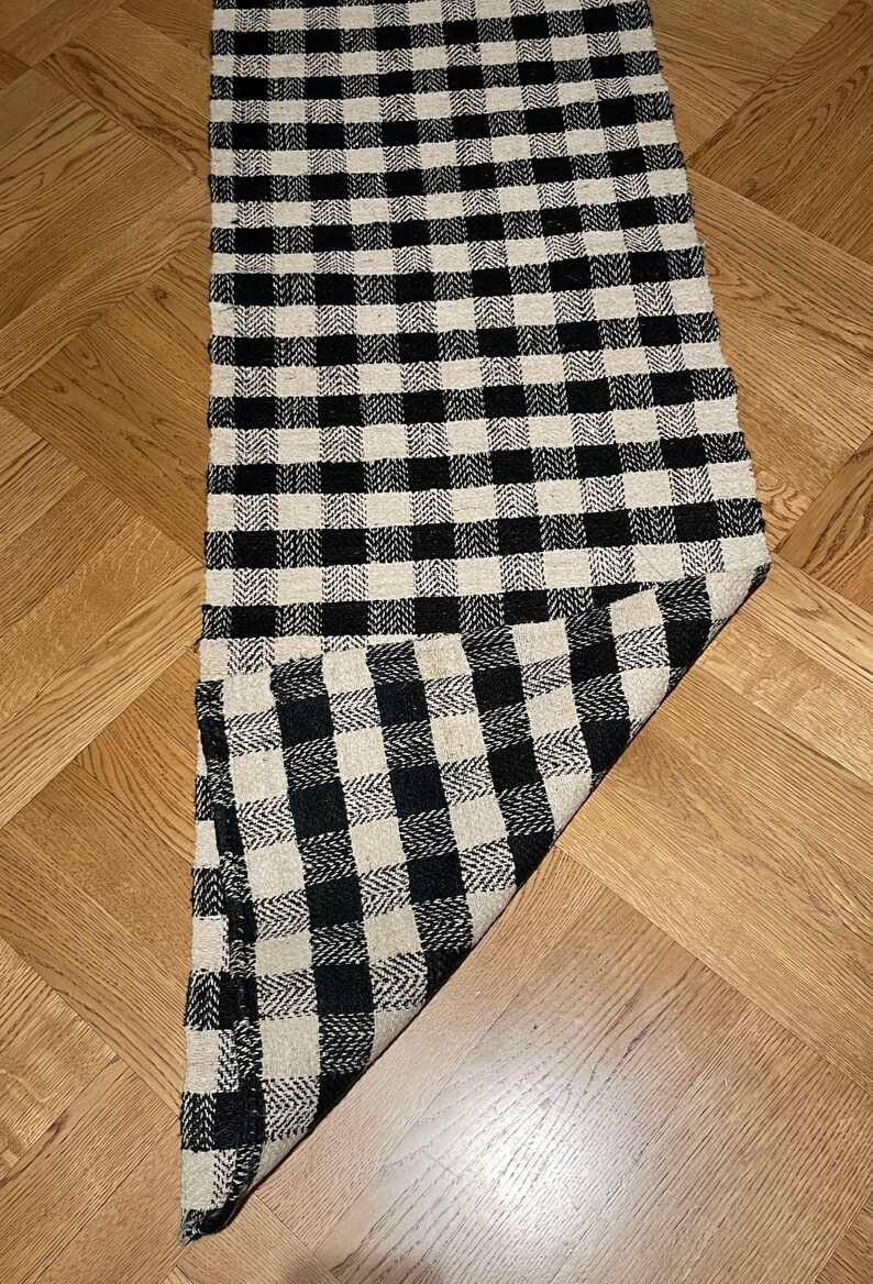 Vintage Ukrainian Handwoven Floor Runner | Black Cream Chequered ...