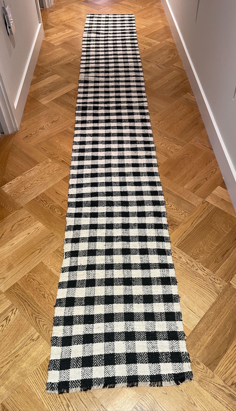 Vintage Ukrainian Handwoven Floor Runner | Black Cream Chequered ...