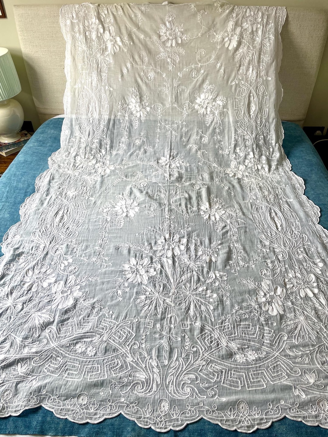 Antique French Embroidered Lace Curtain | Rideau De Cornely. - Etsy