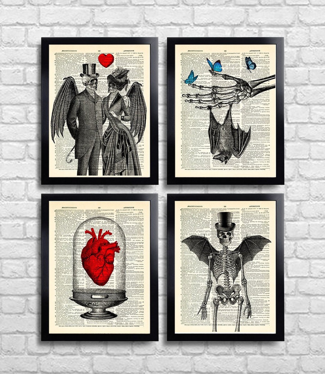 Skull Print Set of 4 Gothic Wall Art Skeleton Couple Skull Heart Love ...