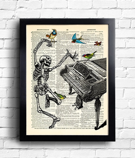 Dancing Skeleton Print Skeleton Piano Poster Skull Birds Art | Etsy
