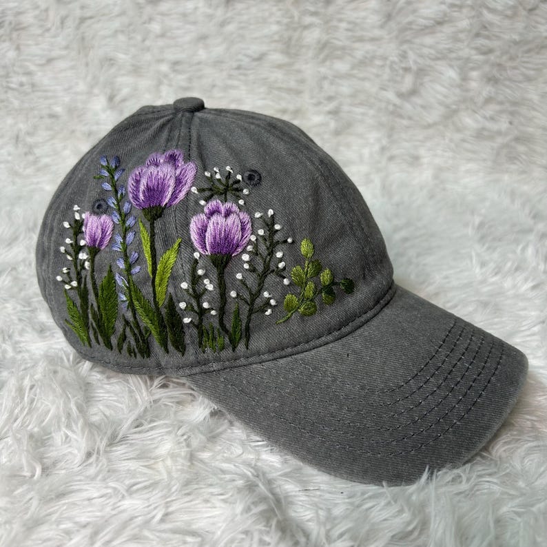 Hand Embroidered Hat, Purple Flower Embroidered Baseball Cap, Wild ...