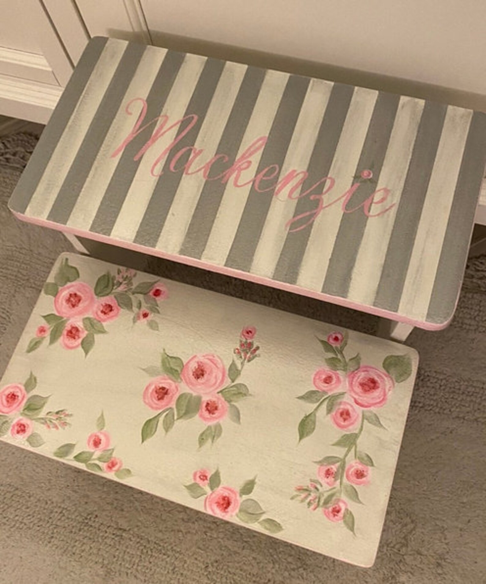 Silver Grey Roses and Stripes Step Stool for Girls Nursery | Etsy