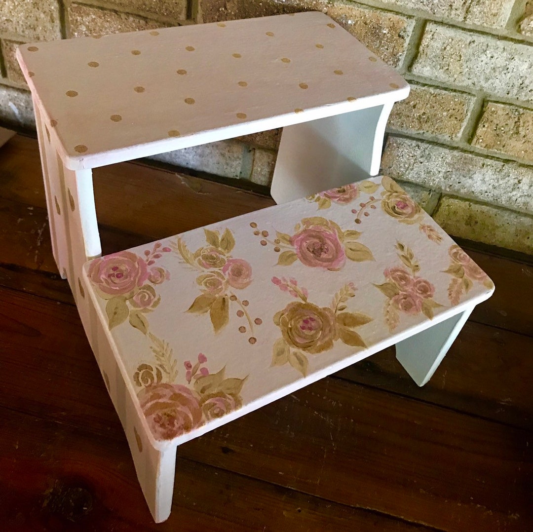 Girls Stool, Hand Painted Roses, Rose Gold, Pink Floral, Bathroom ...