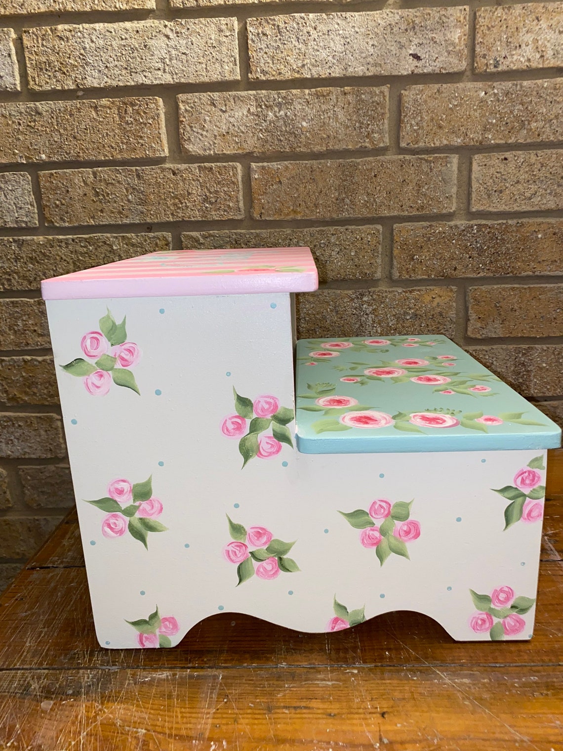 Girls Hand Painted Step Stool, Roses, Robins Egg Pink, Bathroom Stool ...
