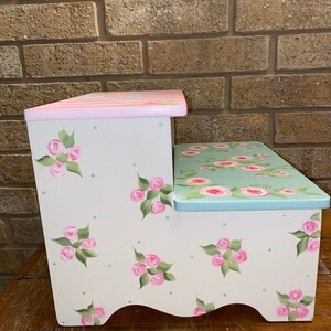 Girls Hand Painted Step Stool, Roses, Robins Egg Pink, Bathroom Stool ...