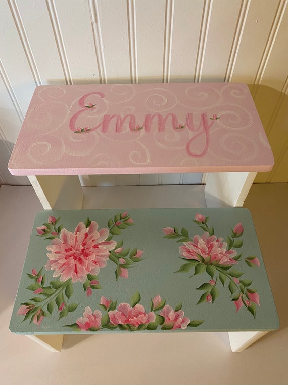 Vintage Floral Girls Step Stool Personalized Pinks Light - Etsy