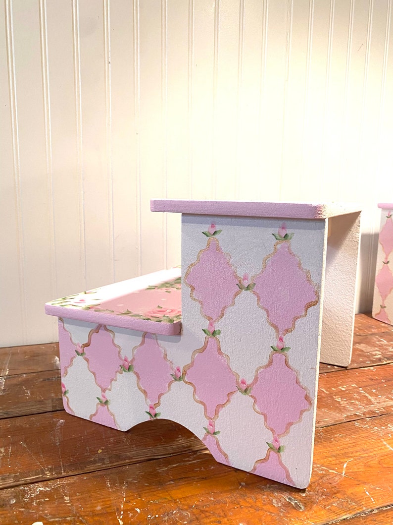 Hand Painted Pink Roses, Gold, Nursery Decor, Bathroom Stool ...
