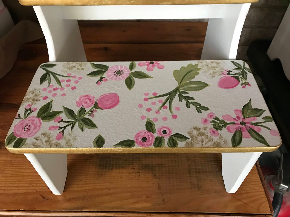 French Floral Watercolor, Roses, Gold, Pink Bathroom Stool ...