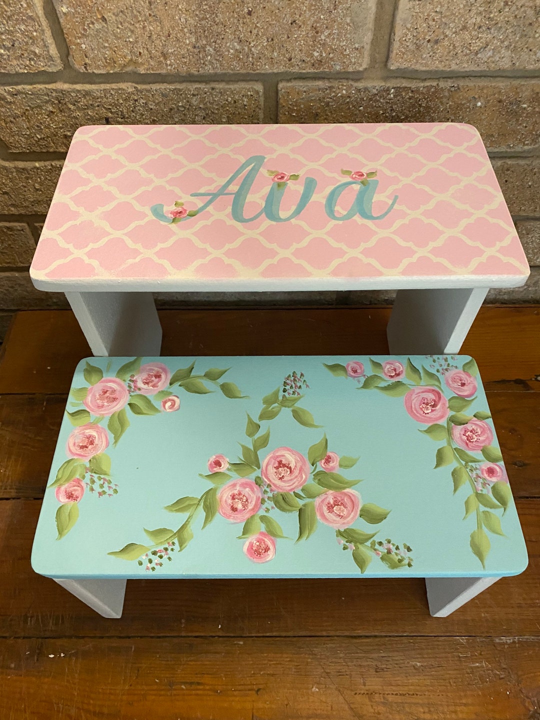 Vintage Inspired Floral, Girls, Step Stool Benches, Pink Light Teal ...