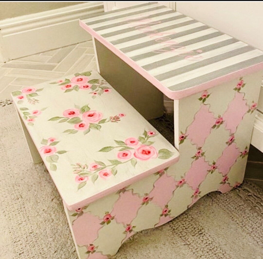 Silver Grey Roses and Stripes Step Stool for Girls, Nursery ...