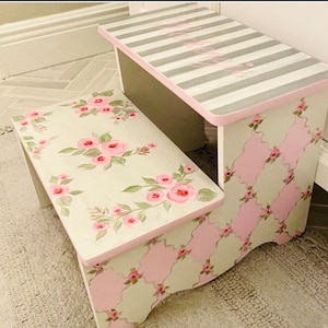 Silver Grey Roses and Stripes Step Stool for Girls, Nursery ...