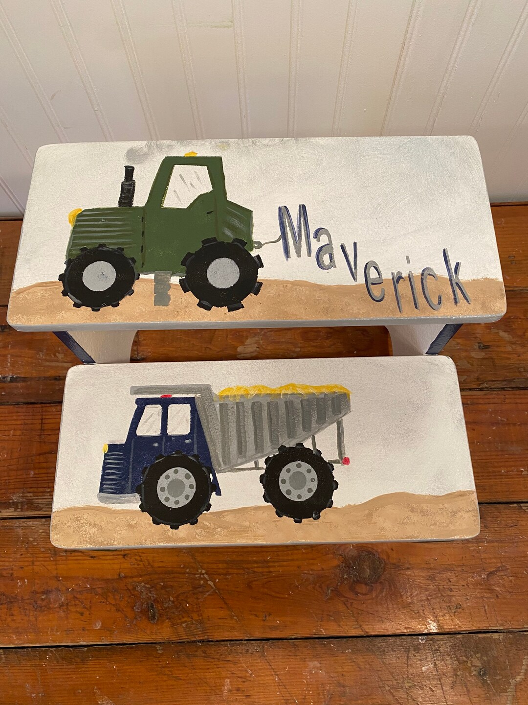 Boys Step Stool, Tractors,dump Truck, Grey Navy and Forest Green, Farm ...