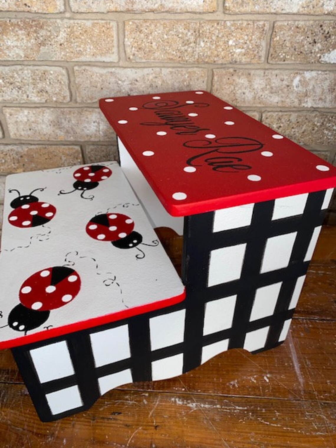 RED Lady Bugs, Red Black White, Wooden Bench, Personalized Gifts ...
